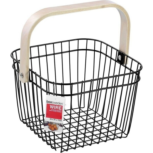 Boxsweden Wire Storage Basket w/ Birchwood Handle Black 24cm | Woolworths