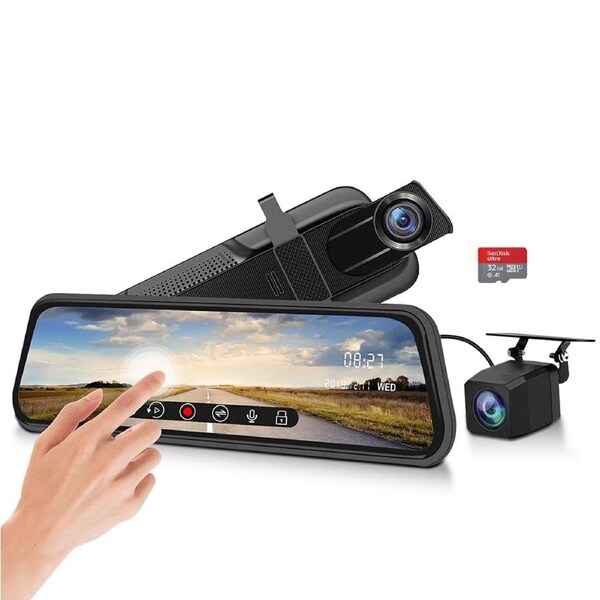 Elinz 10" Rearview Mirror 1080P Full Touch Screen Car Dual Dash Cam ...
