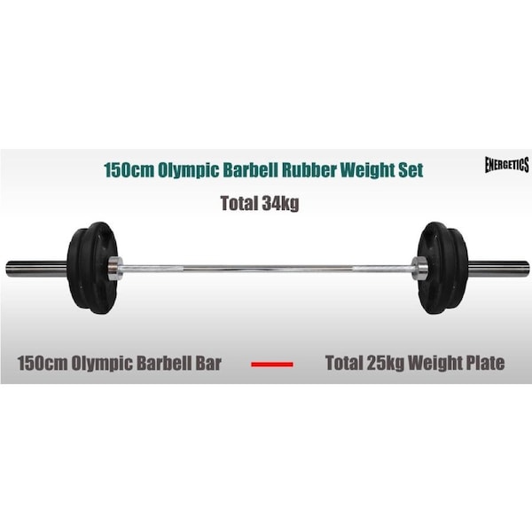 Total 34kg - 150cm Olympic Barbell Bar Weight Set - Rubber Coated ...