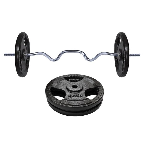 45kg - 120cm Super Curl Barbell Bar Weight Set + Ez Grip Cast Iron ...