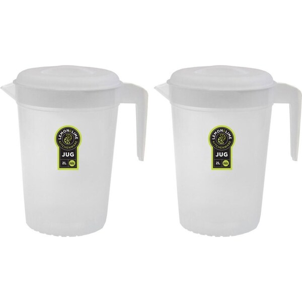 2x Lemon & Lime 2L 21cm BPA Free Plastic Cold/Drinks/Juice/Water Fridge Jug/Lid | Woolworths
