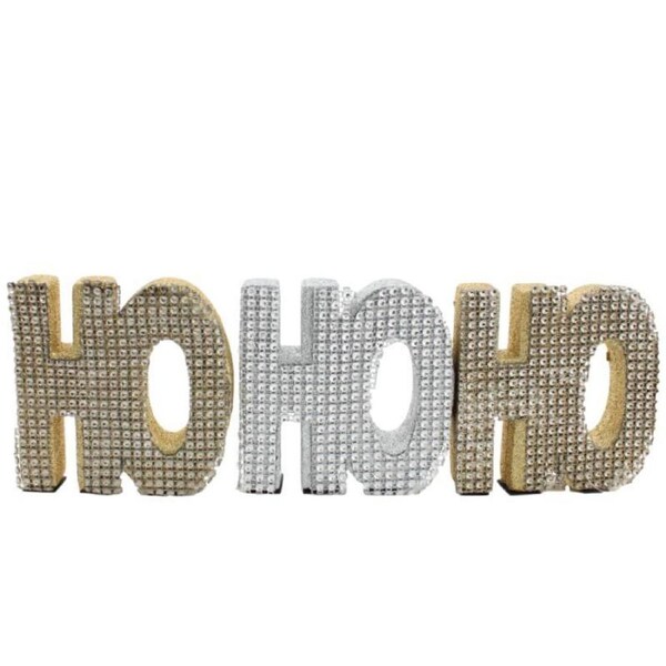 Christmas Jeweled Block Words Ho Ho Ho Glitter Stones Gold Silver Xmas ...