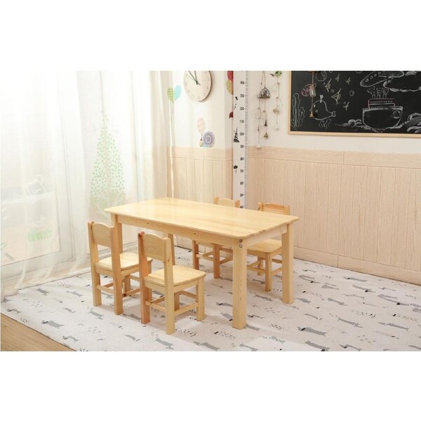 120x60cm Wooden Timber Kids Table & 4 Wooden Chairs Set Study Desk ...
