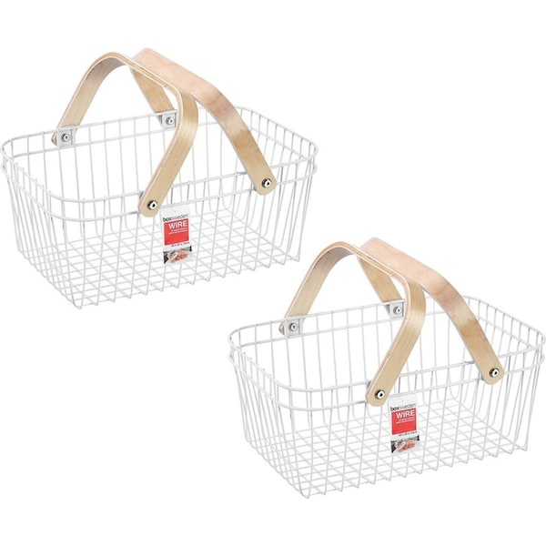 2x Boxsweden WHT 39cm Wire Home Storage Basket w/Wooden Handle Organise ...