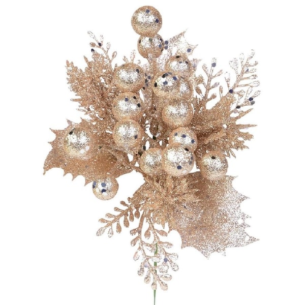 20cm Rose Gold Berries With Twigs & Leaves Foliage Christmas Tree Stem ...