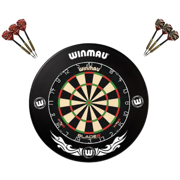 Winmau Blade 6 Dart Board + Xtreme Black Dartboard Surround + Darts Set ...