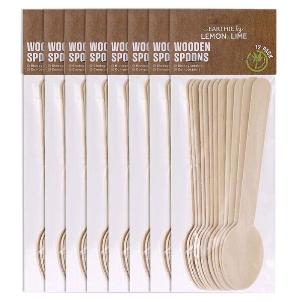 96pc Lemon & Lime Eco 15.5cm Disposable Dinner Wooden Spoons Cutlery ...