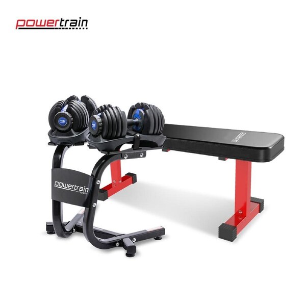 Powertrain 48KG Adjustable Dumbbell Set (Blue) & Stand with Flat Bench ...
