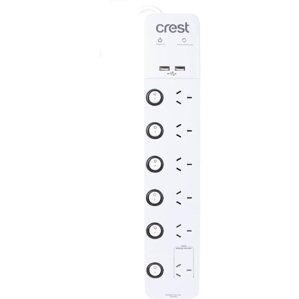 Crest Surge Protection Switched Socket Power Board 2 USB | Woolworths