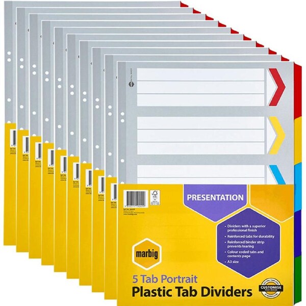 10 Pack Marbig Tab Dividers Manilla Board 5-Tab A3 Portrait Assorted ...