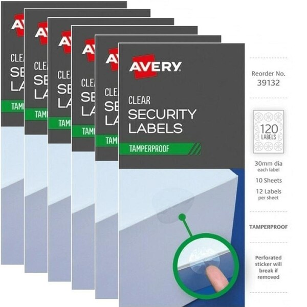 6 Pack Avery Clear Security Round Circle TamperProof Labels 30mm 120 ...