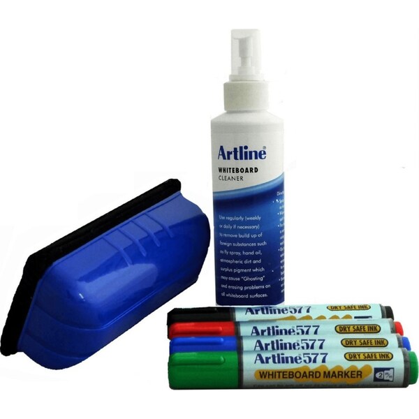 Artline 577 Whiteboard Starter Kit Markers Cleaner Eraser Rubber ...