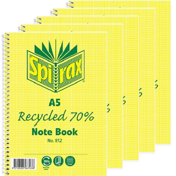 Spirax 812 Notebook 7mm Ruled 70% Recycled Spiral Bound A5 120 Page ...