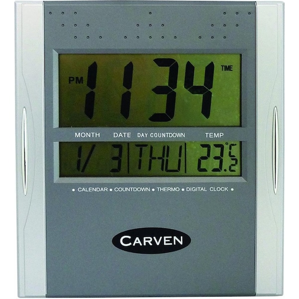 Carven Digital Clock 210mm Temperature Date Silver Grey | Woolworths