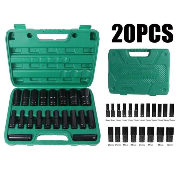 OZNALA 20pcs 8-32mm 1/2 Inch Impact Socket Set Metric Imperial Drive Air Garage Deep | Woolworths