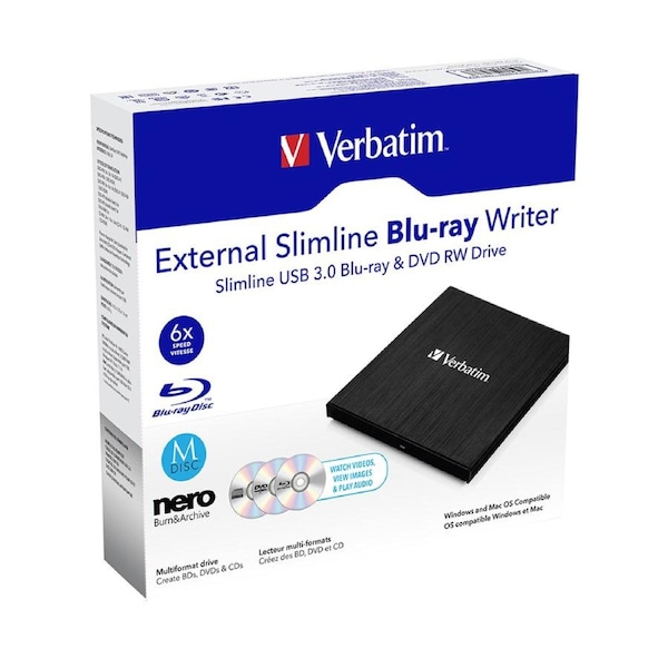 Verbatim Slimline External USB 3.0 Blu-Ray/DVD RW Writer For PC/Mac ...