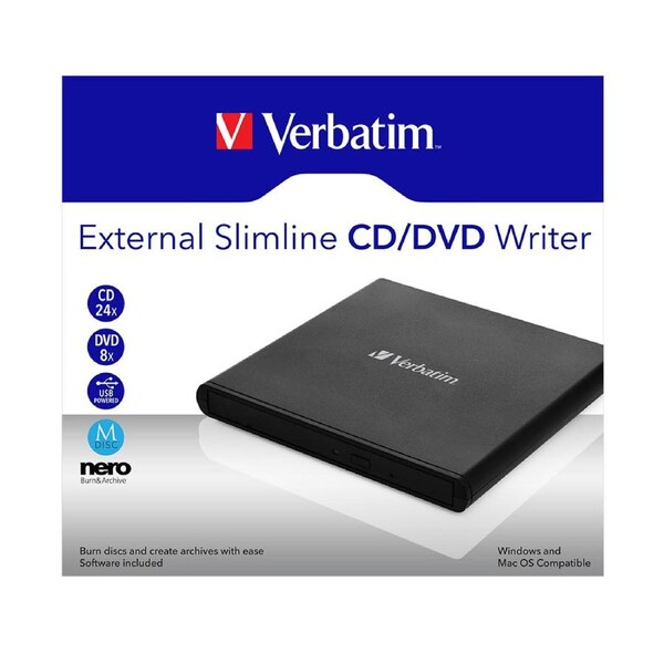 Verbatim USB 2.0 External Slimline CD/DVD Writer/Disc Burner For Laptop ...