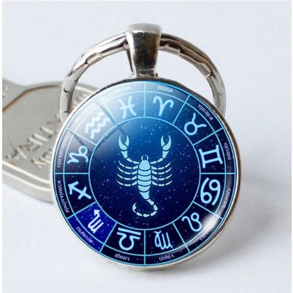 Scorpio Keyring Constellation Keychain Glass Pendant Silver Plated ...