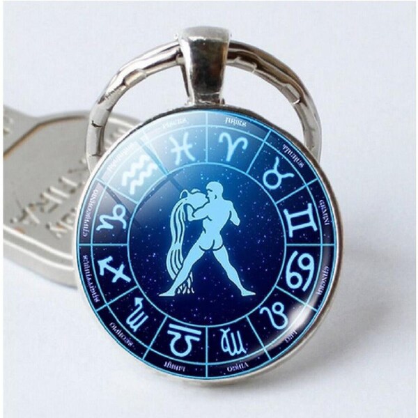 Aquarius Keyring Constellation Keychain Glass Pendant Silver Plated ...