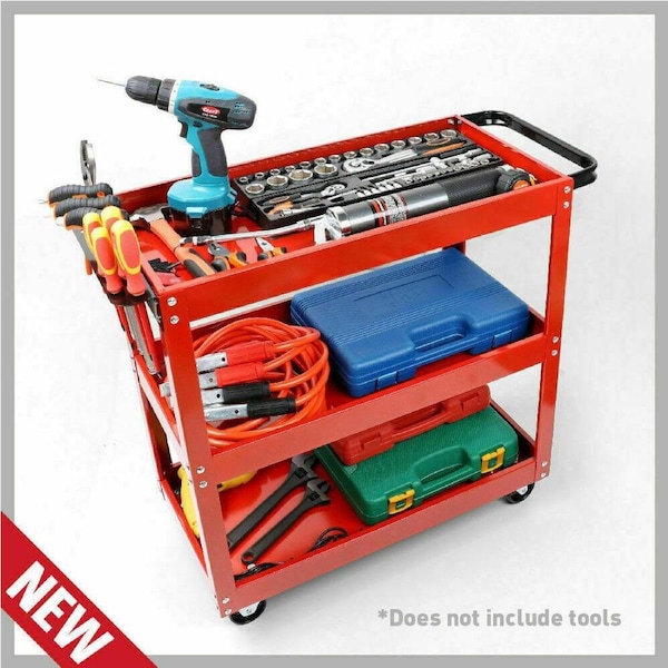 Tool Trolley 3-Tier Workshop Cart Rolling Steel Parts Storage Handyman ...