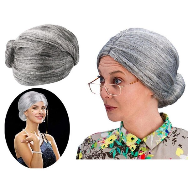 GRANDMA WIG Grey Hair Old Lady Granny Fancy Dress Costume Party Grand ...