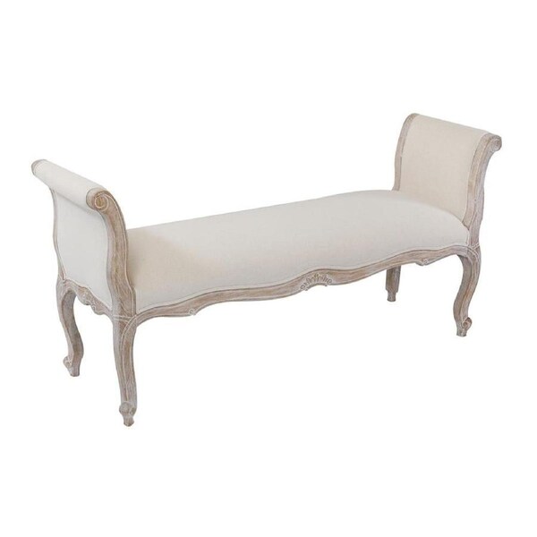 Oak Wood Linen Fabric Beige White Washed Finish Bench Chair | Woolworths