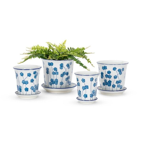 4pc Fluted Flowers Pot Planter Storage w/ Saucer Garden Decor Mid Blue ...