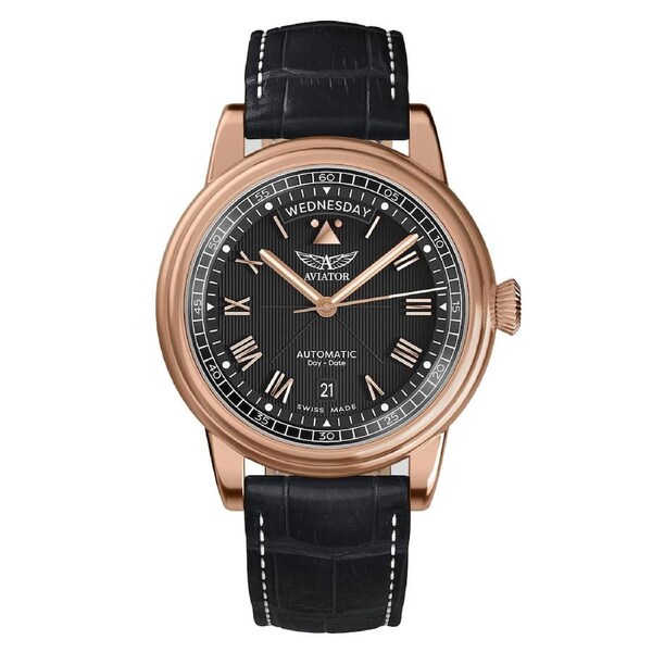 Aviator Black Leather Swiss Made Men's Automatic Watch - V33522754 ...