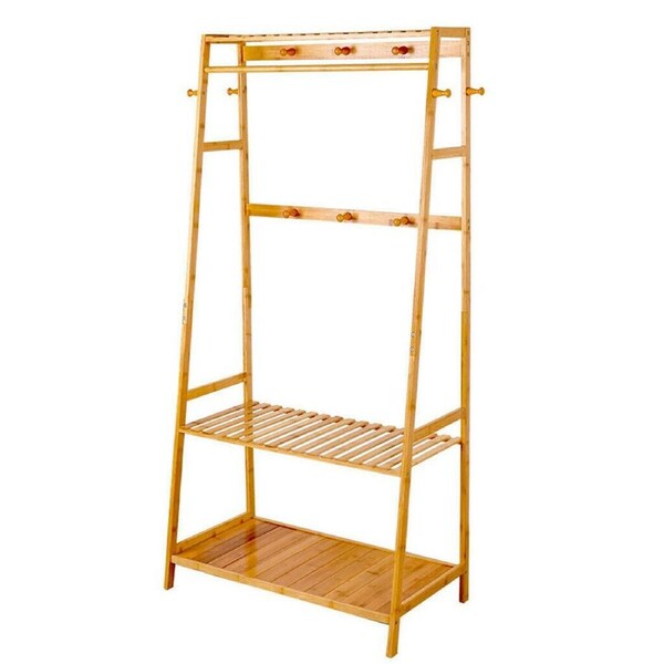 Rail Bamboo Clothes Rack Garment Hanging Stand 3 Tier Storage Shelves ...