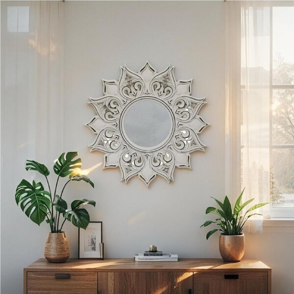 Willow & Silk Vintage 80cm White Round Fleur Room/Home Mirror/Wall Art ...