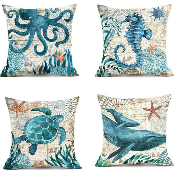 4Pcs Nautical Pillow Cover Mediterranean Style Throw Pillow Case Sea ...