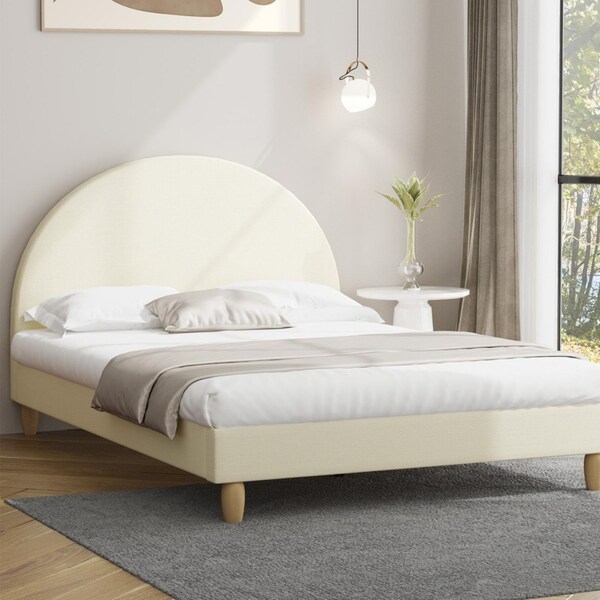 Oikiture Bed Frame Double Size Arched Beds Platform Beige Fabric ...