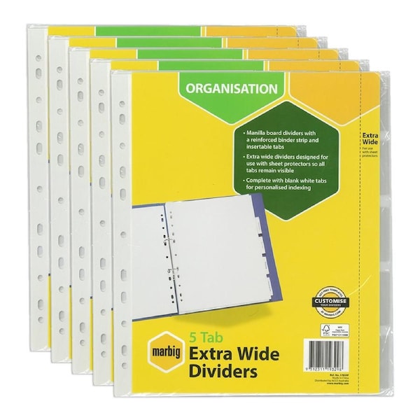 5x Marbig Extra Wide 5-Tab White Manilla A4 Binder Insert Dividers ...