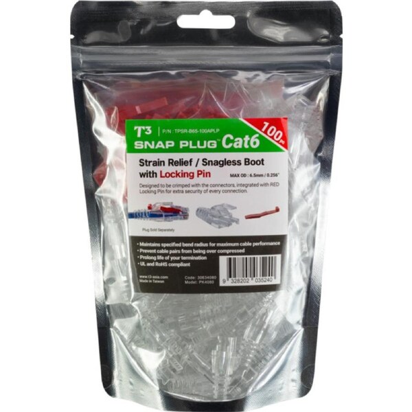 T3 PK4080 6.5Mm Clear Rj45 Rubber Boot With Locking Pin Suits Cat6 Snap ...