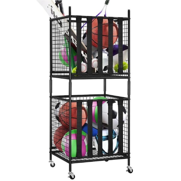 2 Pcs Sports Balls Storage Cart Rack with Elastic Straps Stackable Cage ...