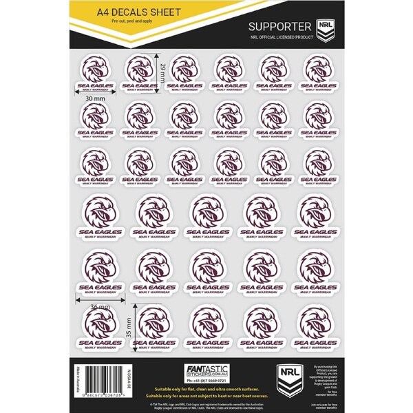 Manly Sea Eagles NRL A4 Decal Sticker Sheet | Woolworths