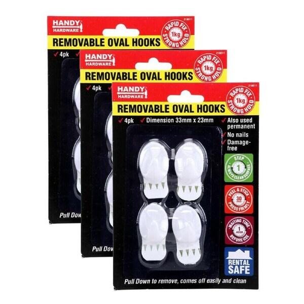 Handy Hardware 3 Packs of Removable Hooks Oval Plastic 33mm x 23mm 4pcs ...