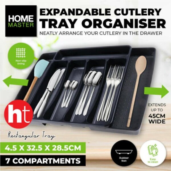 Home Master Cutlery Tray Extendable To 7 Compartments Non-Slip Lining ...