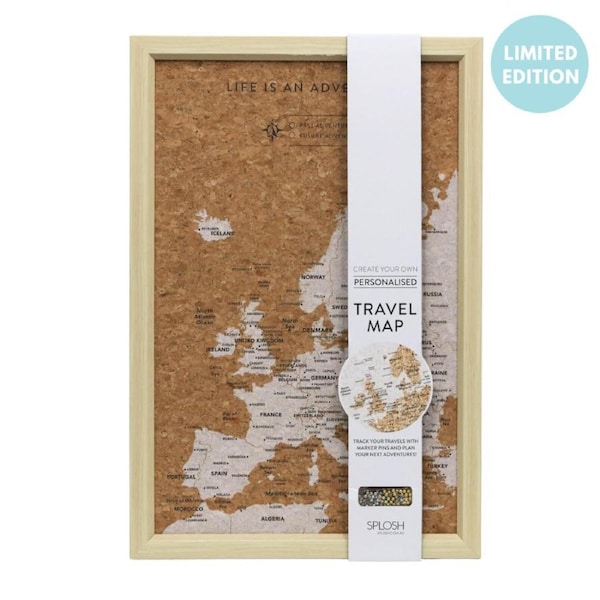 Splosh Travel Map Small 53x36cm Framed Cork Board with Pins EUROPE ...