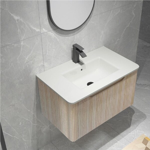 Bath Wall MDF Vanity Storage Drawer Cabinet Ceramic Basin Oak 760x465mm ...