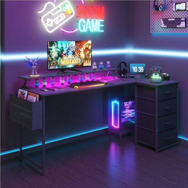 Advwin 160cm L Shaped Gaming Desk w/ LED Lights & Power Outlets ...