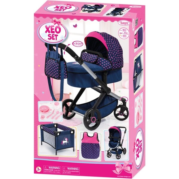 Bayer 71cm Xeo Mega Set Unicorn Doll Pram w/ Bag Kids Pretend Toy Blue ...
