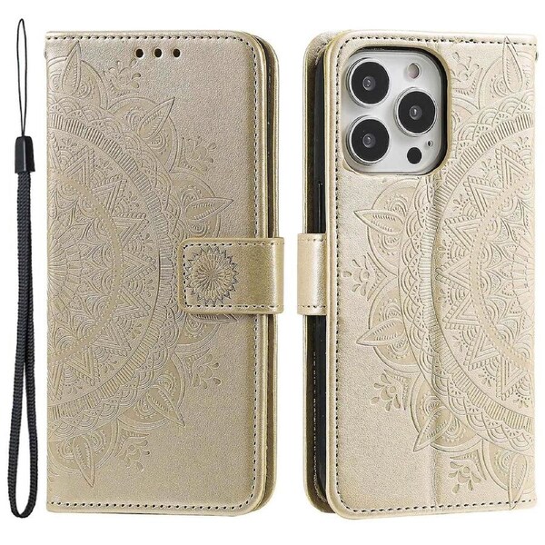 For iPhone 15 Pro Max Mandala Flower Imprint Phone Case Wallet Stand ...
