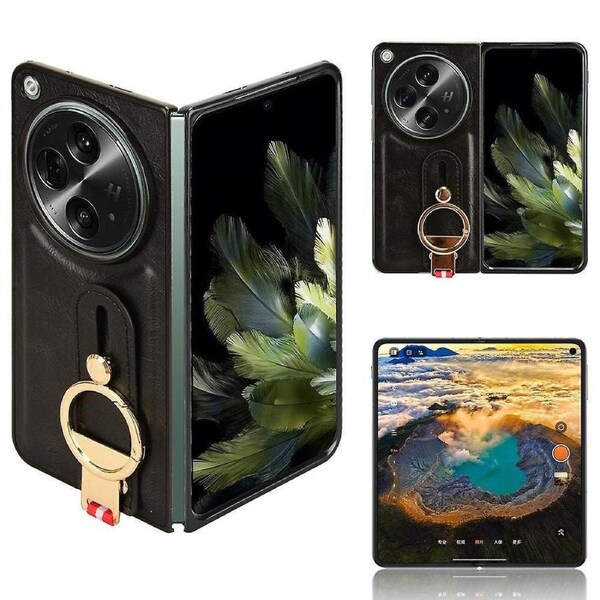For OnePlus Open Back Cover PU Leather+PC Bottle Opener Ring Phone ...