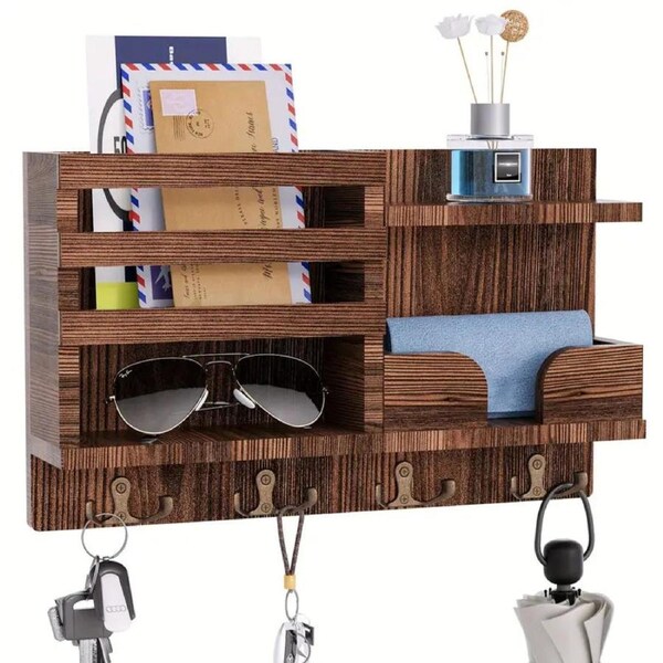 Traditional Wooden Wall-Mounted Storage Shelf with Hooks | Woolworths