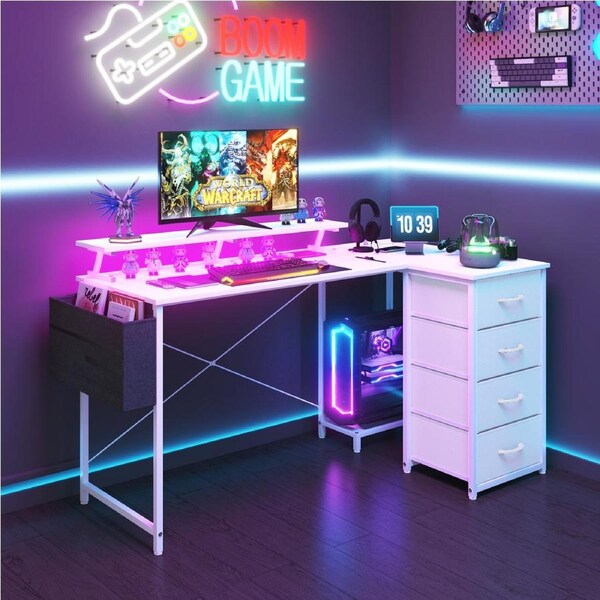 Advwin L Shaped Gaming Desk 160cm w/ LED Lights & Power Outlets ...