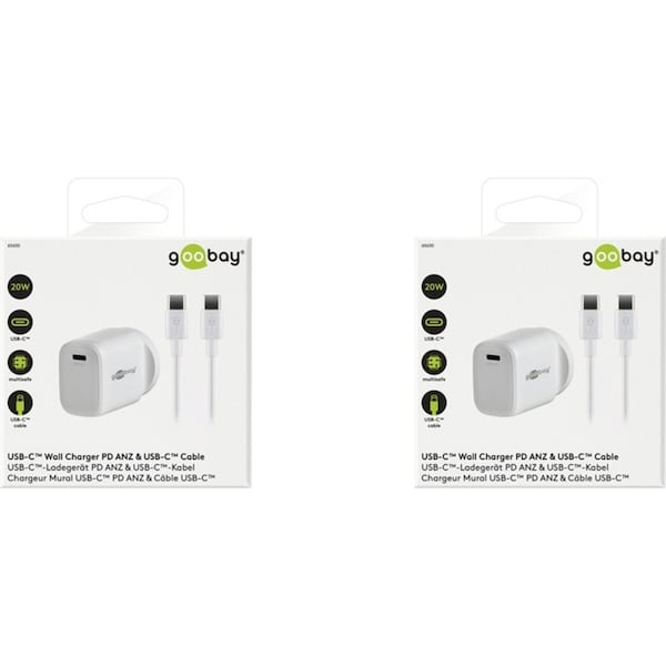 2PK Goobay Wall Charger Plug ANZ 20W USB-C PD w/ Type-C Charging Cable ...