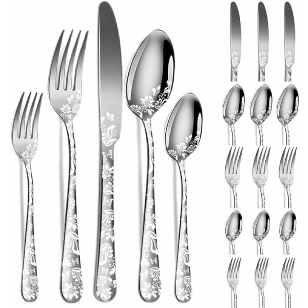 20pcs Stainless Steel Flatware Set, Unique Flower Pattern Silverware ...