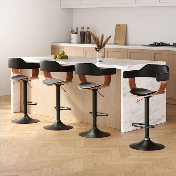 Artiss 4x Bar Stools Gas Lift Leather w/Armrest All Black | Woolworths