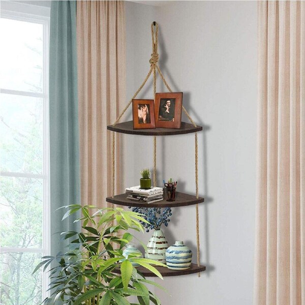 Fin Hanging Wall Shelves Swing Rope Floating Shelf Corner Storage 3 ...